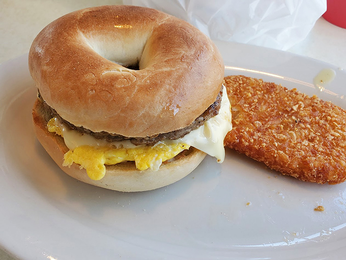 This isn't just a breakfast sandwich; it's morning salvation on a bagel. The perfect fuel before facing whatever Monday has in store.