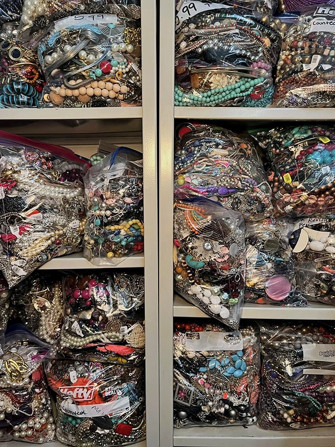 Jewelry treasure troves in clear bags&mdash;like archaeological digs for the fashionably curious. Each plastic pouch holds someone's former statement pieces.