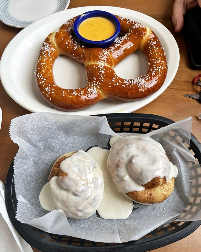 The Bavarian pretzel arrives with a golden tan that would make George Hamilton jealous, while those cinnamon rolls practically beg you to commit delicious, frosting-covered sins.