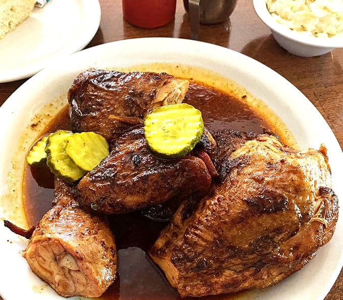 A BBQ trinity that would make a Texan weep with joy&mdash;chicken, ribs, and something pickled for contrast. Balance in all things.