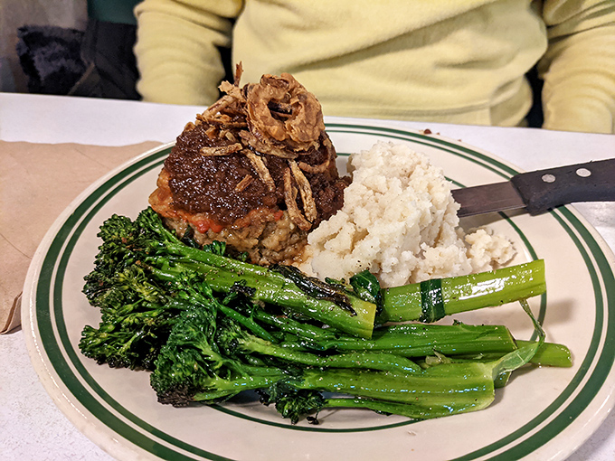 Meatloaf that would make your grandmother both proud and jealous, accompanied by vegetables that actually taste like vegetables.