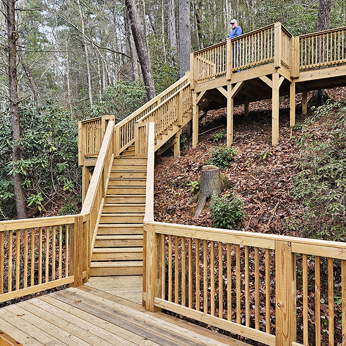 These wooden steps aren't just a trail feature&mdash;they're an invitation to adventure, leading visitors deeper into Saluda's natural treasures.
