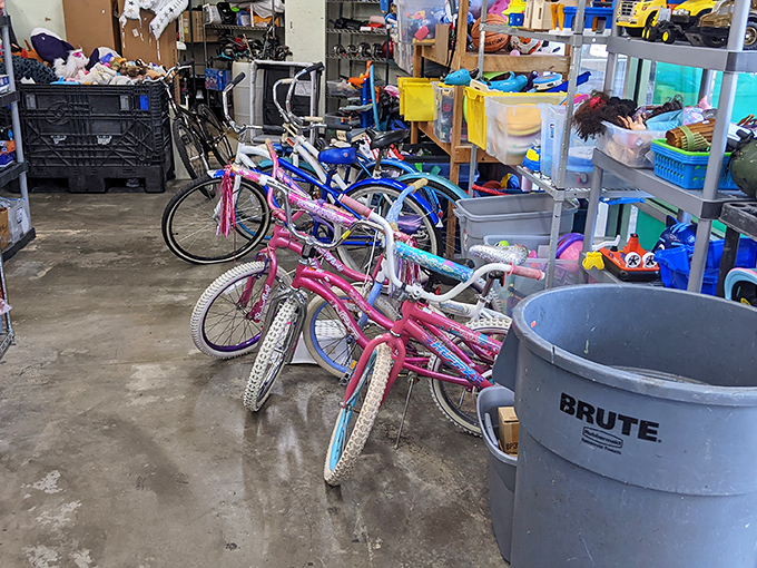 Kids' bikes wait patiently for their next adventure, proving childhood joy doesn't require trust fund financing.