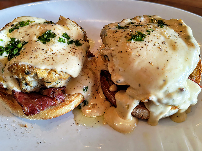 Blue crab eggs benedict that makes brunch feel like a religious experience. The hollandaise sauce practically deserves its own ZIP code.