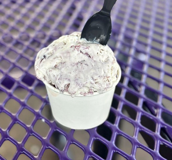 Blueberry pancake ice cream brings breakfast dessert dreams to life with nitrogen-powered breakfast magic.