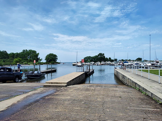 Where land meets water meets possibility—the boat ramp serves as your gateway to Lake Erie adventures.