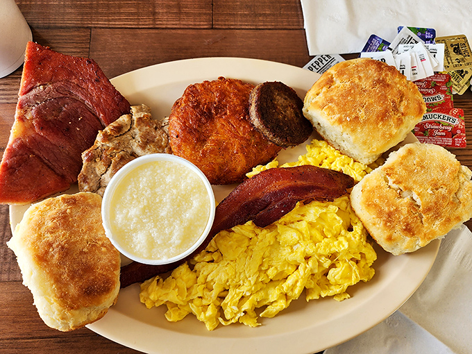 Breakfast nirvana achieved: a plate where every Southern breakfast dream comes together in perfect harmony. Diet plans, beware.
