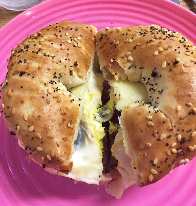 This isn't just a breakfast sandwich&mdash;it's morning architecture. The everything bagel provides the perfect foundation for this savory masterpiece.