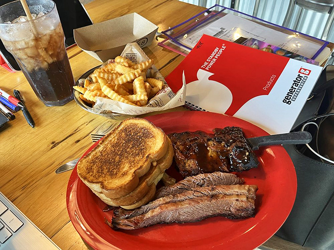 Brisket, toast, and crinkle fries&mdash;the holy trinity of BBQ satisfaction. Notice how the meat doesn't need a filter to look this good.