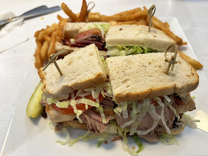 Architecture students should study this sandwich's perfect structural integrity&mdash;layers of brisket, veggies, and bread engineered for maximum flavor delivery.