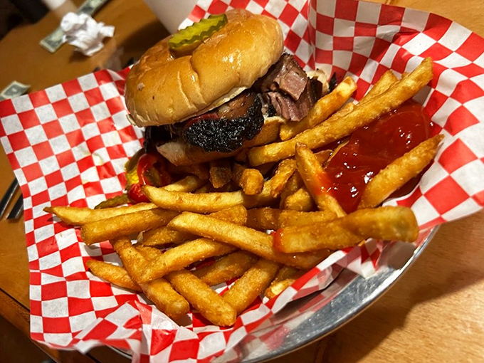 Not just a sandwich, but a monument to brisket perfection. Those fries aren't just sides&mdash;they're supporting actors in a meaty drama.