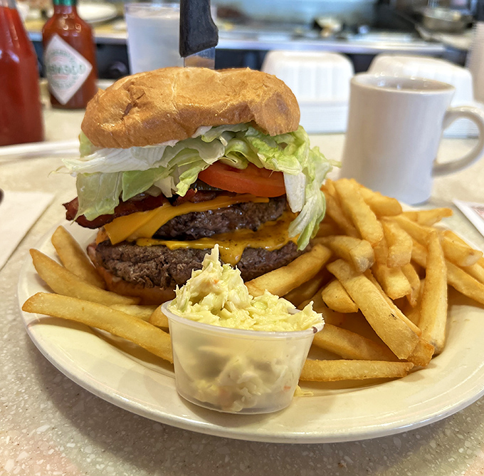 Behold the burger in its natural habitat: a towering masterpiece flanked by golden fries and a side of coleslaw for good measure.