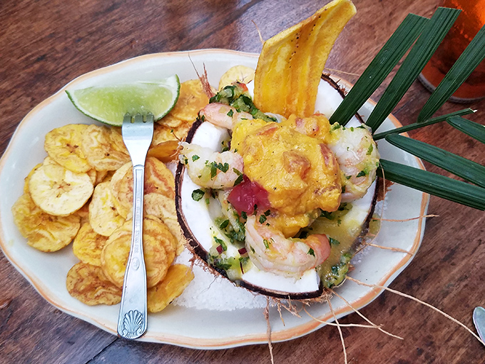 Seafood served in its own tropical vacation home. When shrimp and plantain chips get together in a coconut, magic happens&mdash;and you get to eat it.