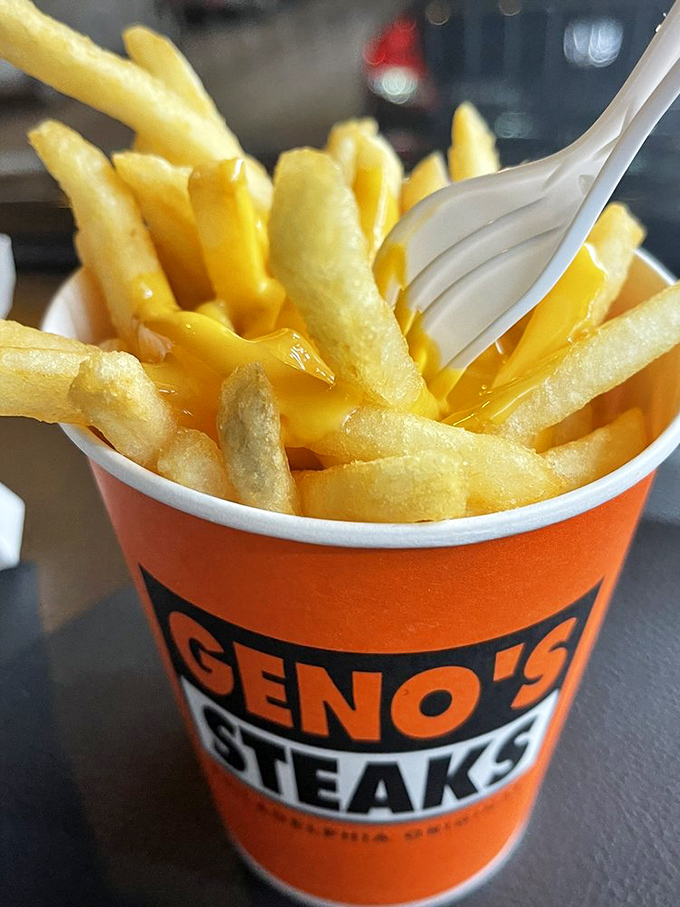Golden fries baptized in that unmistakable orange cheese sauce – the perfect sidekick to your sandwich adventure. Diet starts tomorrow!