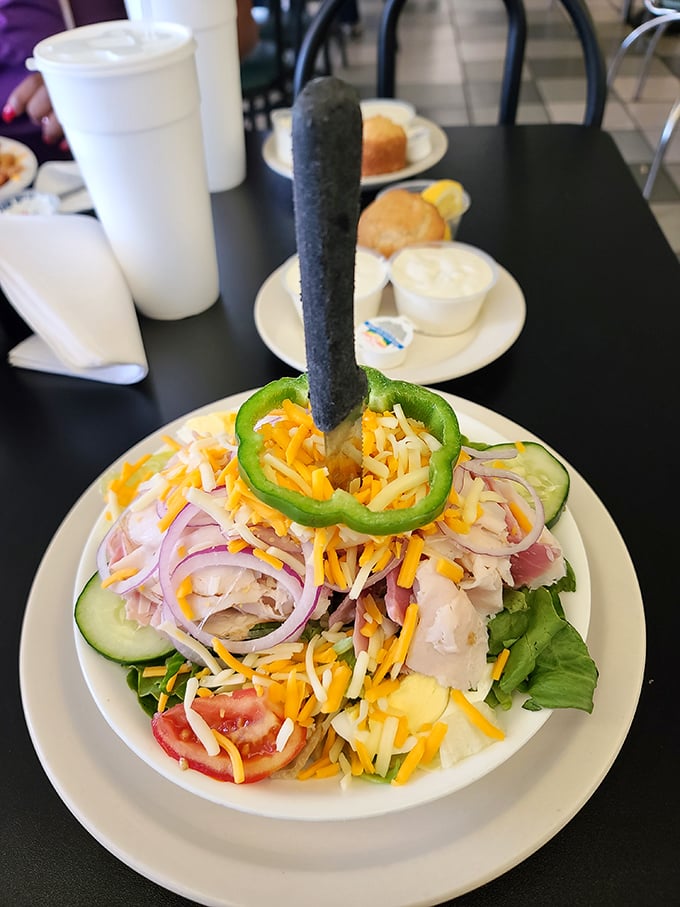 This isn't just a chef salad&mdash;it's a colorful architecture project with that green pepper ring standing tall like Florida's answer to the Eiffel Tower.