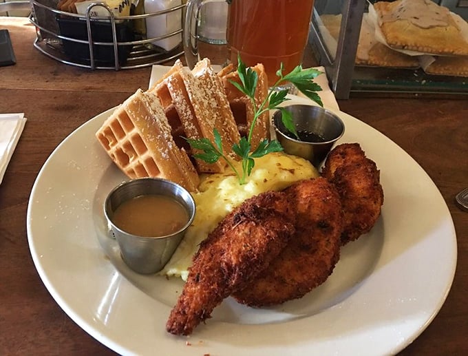 Chicken and waffles: where breakfast and dinner have a delicious identity crisis that nobody wants to resolve.