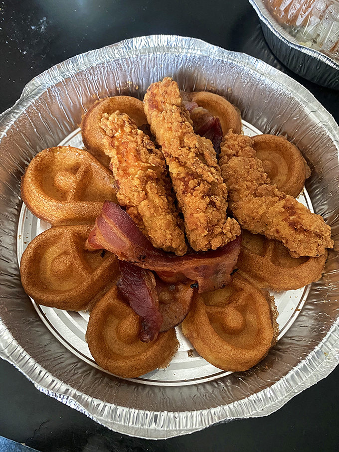 Chicken and waffles: where breakfast and dinner have a delicious identity crisis that nobody wants to resolve.