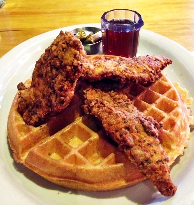 Chicken and waffles: where breakfast and dinner collide in a magnificent display of culinary civil disobedience.