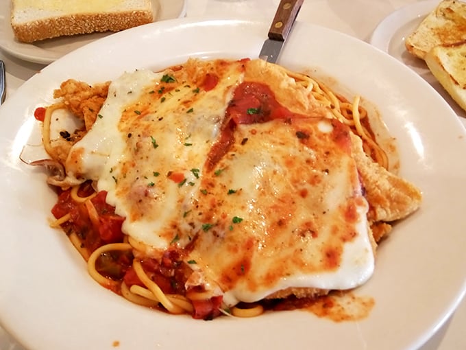 Chicken Parmesan that doesn't know it's in Illinois, not Italy. That melted cheese blanket is comfort food personified.