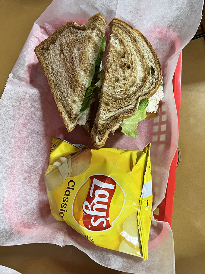 A chicken salad sandwich so generous, it needs its own zip code and a bag of chips.