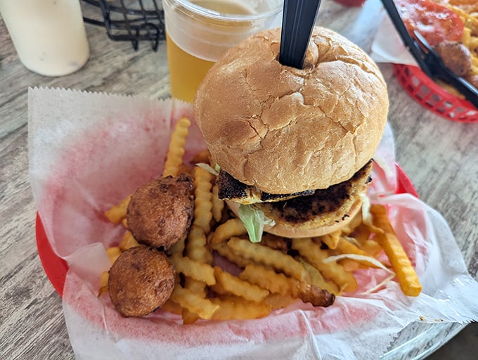 Landlubber's delight! Even the burger comes with a side of coastal charm and those addictively crispy fries.