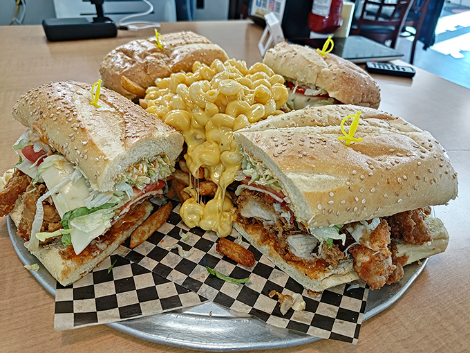 Sandwich royalty holding court. Four magnificent creations with mac and cheese as the throne's cushion&mdash;a feast fit for hungry Pocono adventurers. 