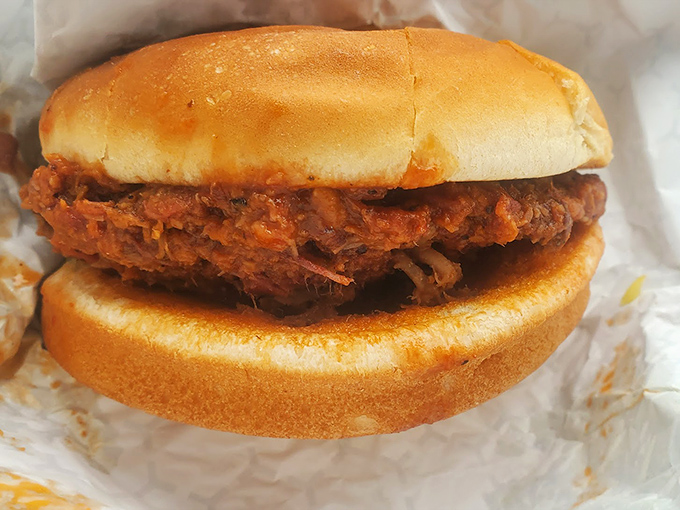 A sandwich that requires no Instagram filter. Just honest pulled chicken on a bun that's ready for its close-up.