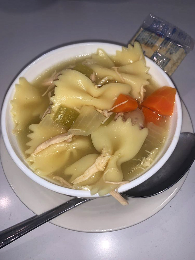 This chicken noodle soup isn't just food; it's penicillin in a bowl, with pasta bow-ties dressed for the comfort food gala.