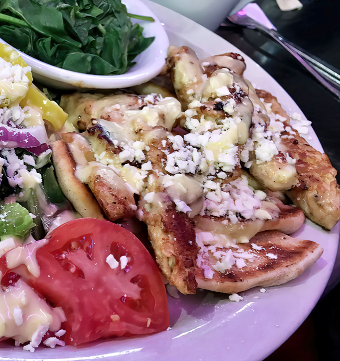 When chicken meets Mediterranean inspiration, magic happens. This souvlaki plate with its grilled pita and feta crumbles is vacation vibes without the passport requirement.