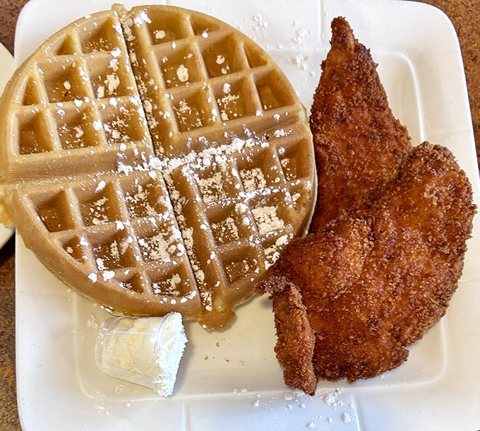 The classic chicken and waffle duo&mdash;crispy meets fluffy in a breakfast partnership that proves opposites really do attract, especially on a plate.