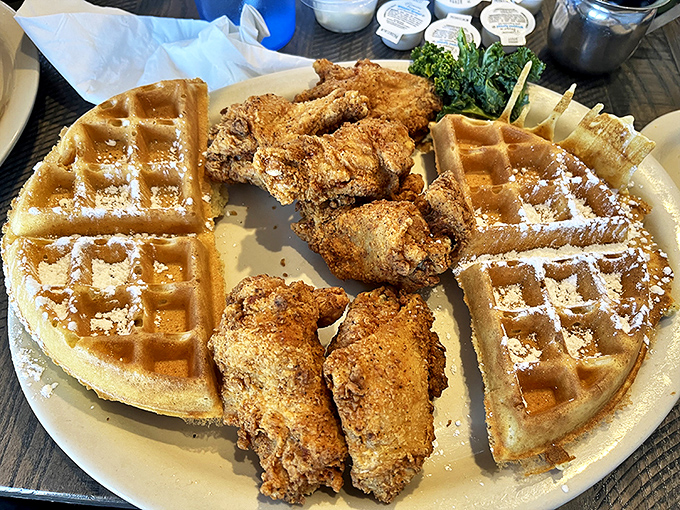 Chicken and waffles: the breakfast-dinner hybrid that proves some of history's best ideas came from delicious compromise. Sweet meets savory in perfect harmony.