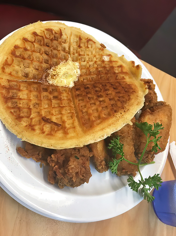 Chicken and waffles unite in perfect harmony, proving some relationships are simply meant to be together.