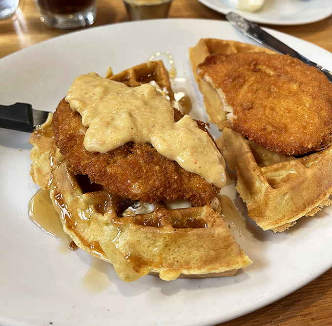Chicken and waffles proving that sweet and savory aren't just friends – they're soulmates.