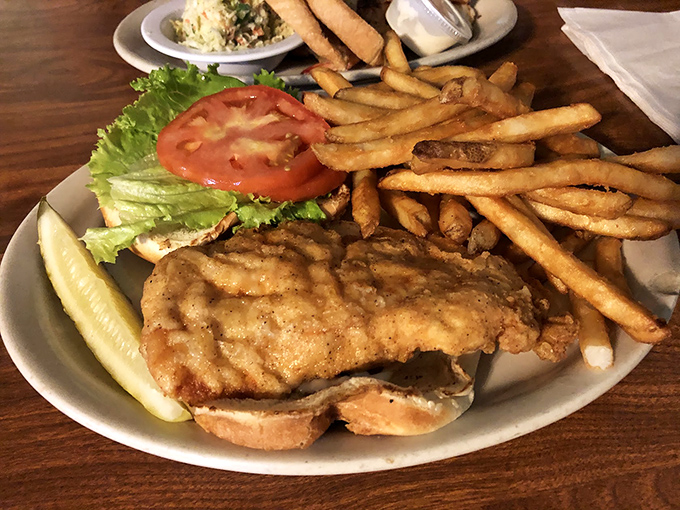 Sometimes the best chicken sandwich hides behind seafood headlines, waiting to surprise unsuspecting landlubbers with excellence.