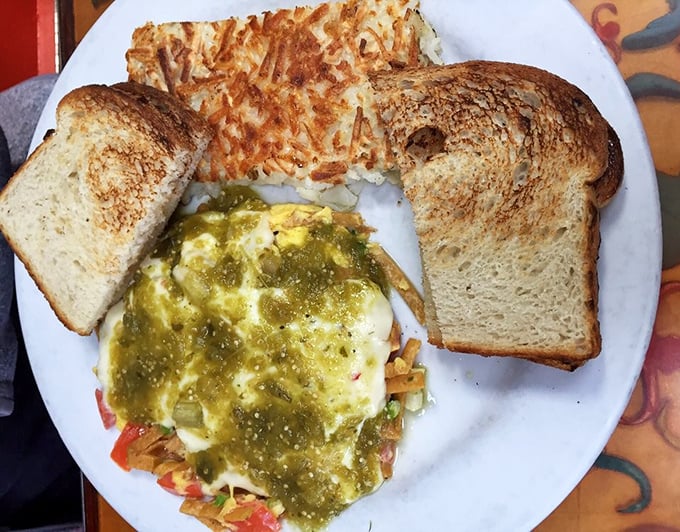 Green salsa cascades over eggs nestled among fresh vegetables&mdash;a California twist on breakfast that makes ordinary toast blush with inadequacy.