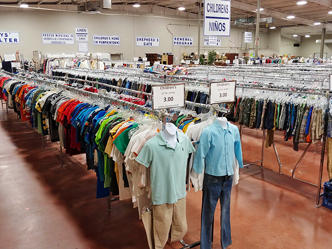 Racks upon racks of children's clothing stand ready to outfit the next generation without depleting college savings.
