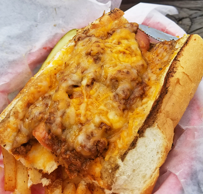 The chili cheese dog arrives like a delicious warning &ndash; this gloriously messy creation will ruin your shirt but absolutely make your day.