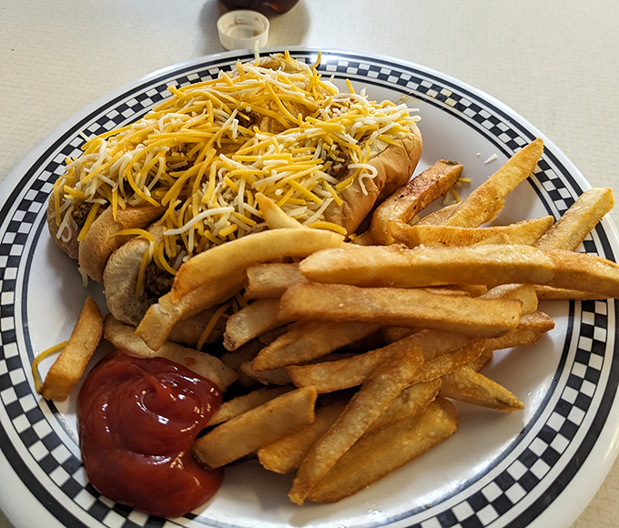 Behold the Midwest in a bun – a chili cheese dog that doesn't need fancy credentials to earn your respect and devotion.
