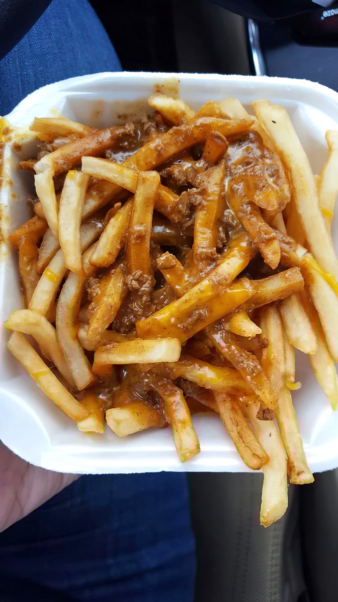 Chili fries: where crispy potatoes meet savory sauce in a marriage so perfect you'll forget you're eating from a styrofoam container.