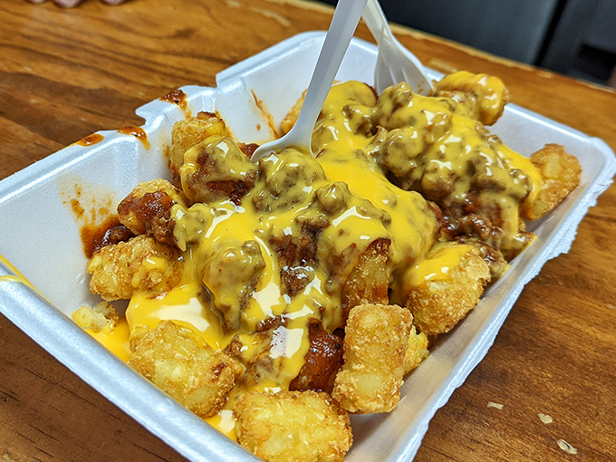 Chili cheese tots: where potato meets destiny. The kind of indulgence that makes you temporarily forget words like "cholesterol" and "moderation."