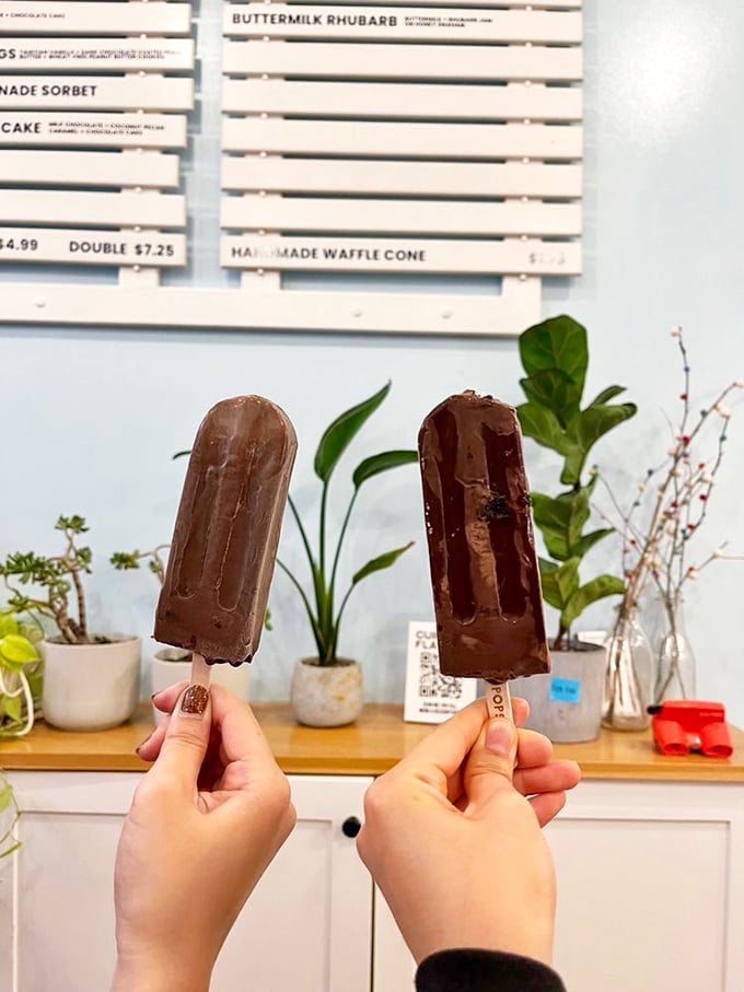 Chocolate popsicles held aloft like Olympic torches. The competition for best frozen treat just ended before it began. 