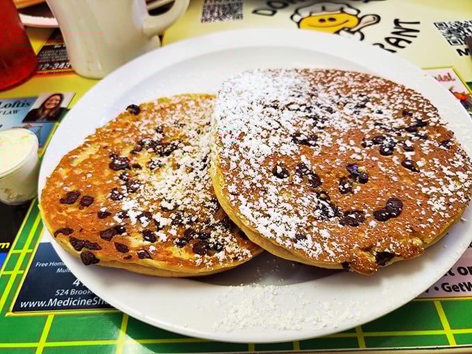 Chocolate chip pancakes that make you question why you'd ever eat anything else for breakfast. Fluffy, sweet, and unapologetically indulgent.