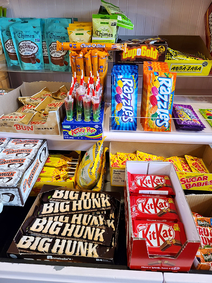 Classic candies arranged with military precision, bringing back memories of allowance money burning holes in tiny pockets.