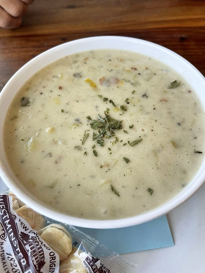 This isn't just clam chowder; it's a creamy bowl of ocean comfort that makes you wonder why you'd ever settle for the canned stuff.