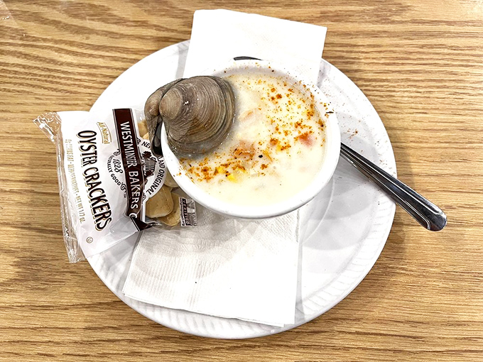 Clam chowder so creamy it could make a New Englander weep with joy. That oyster cracker is just waiting to dive into the velvety depths.