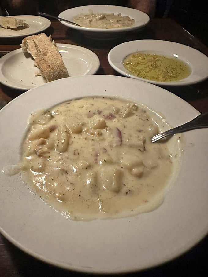 Clam chowder so creamy it could make a New Englander weep with joy. That bread is just begging to dive in for a swim.