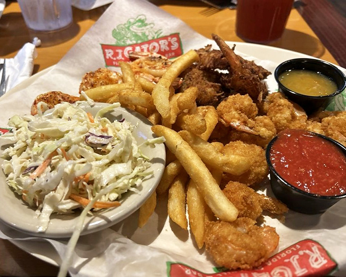 Golden coconut shrimp with crispy fries proves that paradise has an address in Bradenton.