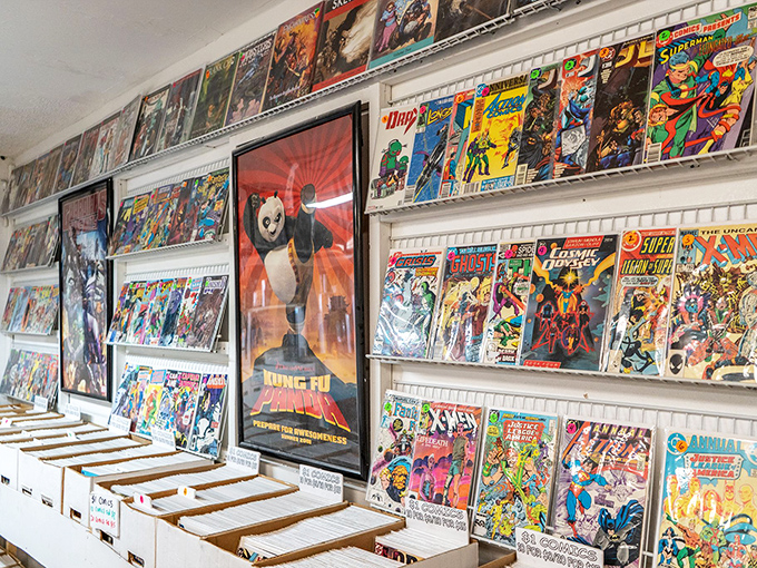 Comic book heaven where superheroes from every universe stand ready for adoption, their colorful adventures preserved like time capsules of imagination.