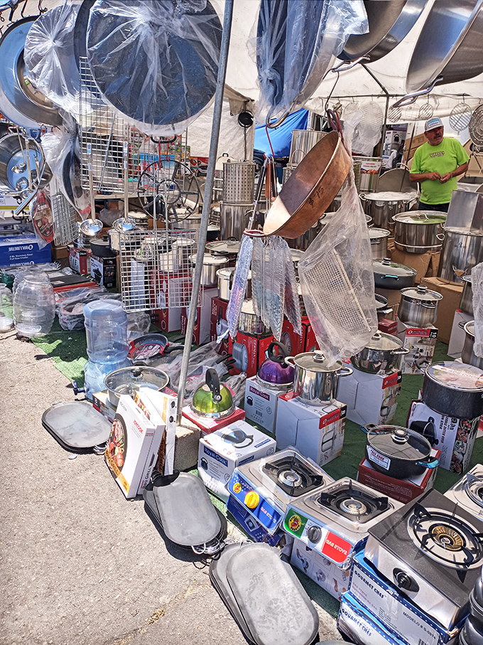 Kitchen gadget heaven! Every pot, pan and pressure cooker imaginable waits for a second chance at culinary glory.