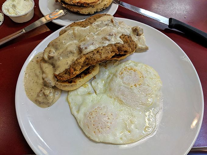 Country fried steak that would make a Southerner weep with joy, smothered in pepper gravy that demands to be sopped up with every last bite.